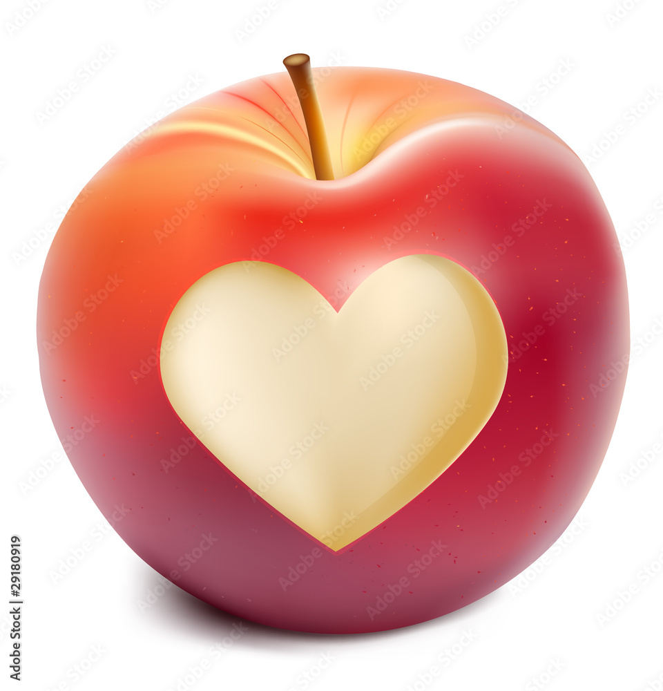 Vector red apple with a heart symbol Stock Vector | Adobe Stock