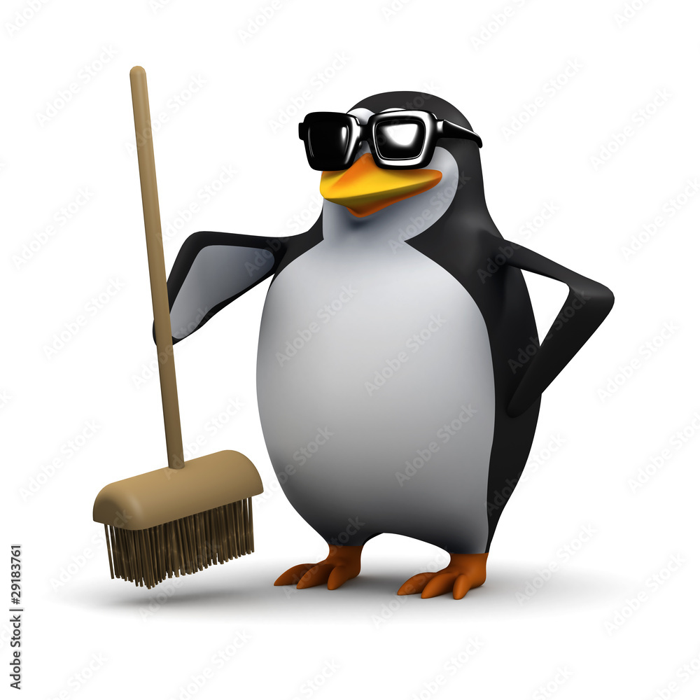 3d Penguin sweeps clean with his new broom Stock Illustration | Adobe Stock