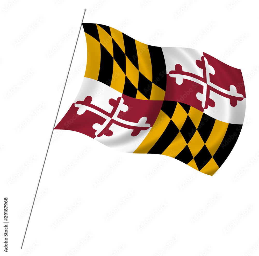 Flag of Maryland with pole flag waving over white background Stock ...