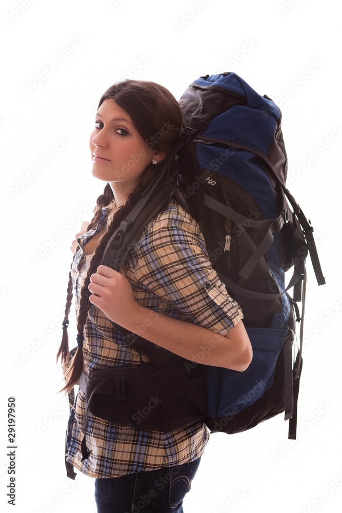 girl with a huge rucksack Stock Photo | Adobe Stock