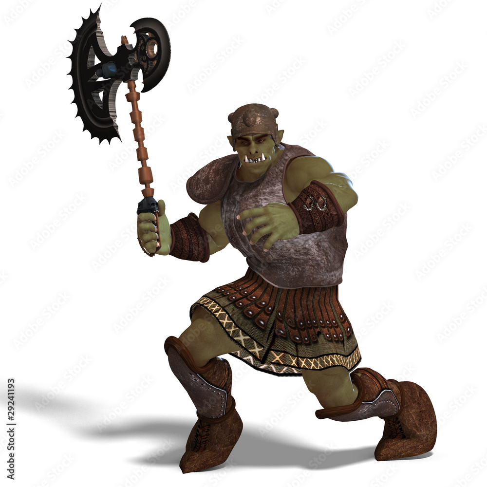Male Fantasy Orc Barbarian with Giant Axe. 3D rendering with Stock ...