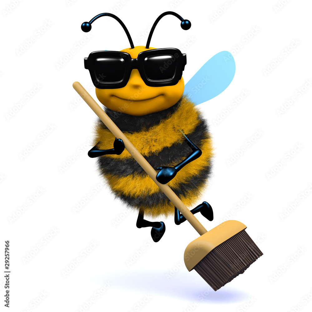 3d Bee sweeps clean with a new broom Stock Illustration | Adobe Stock