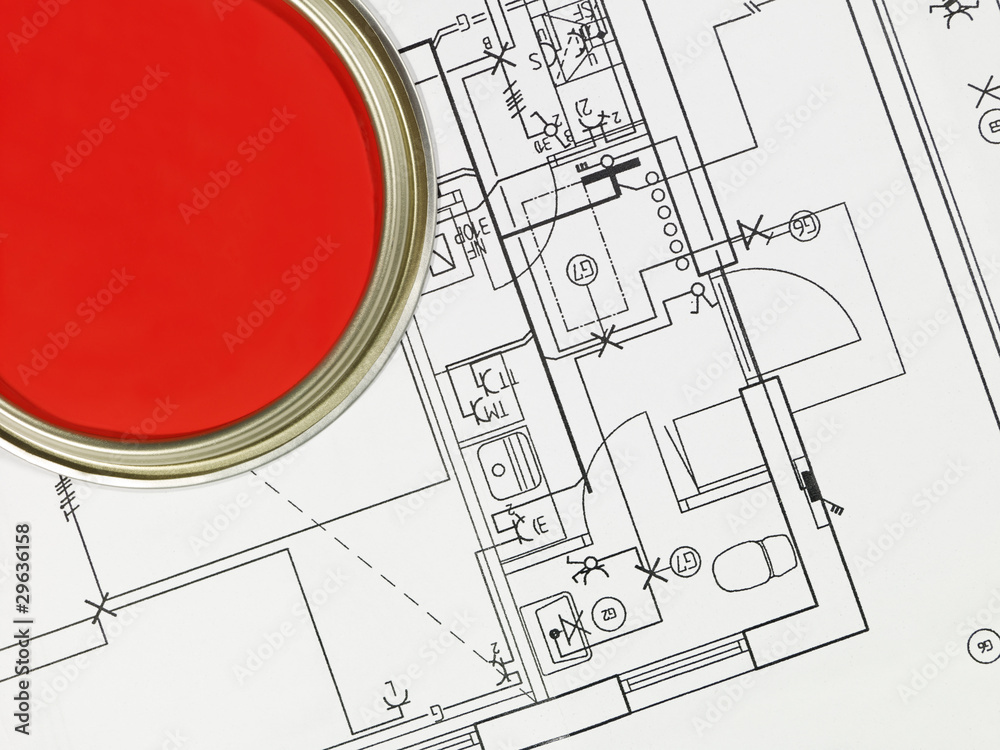 Red Paintcan and Blueprint Stock Photo | Adobe Stock