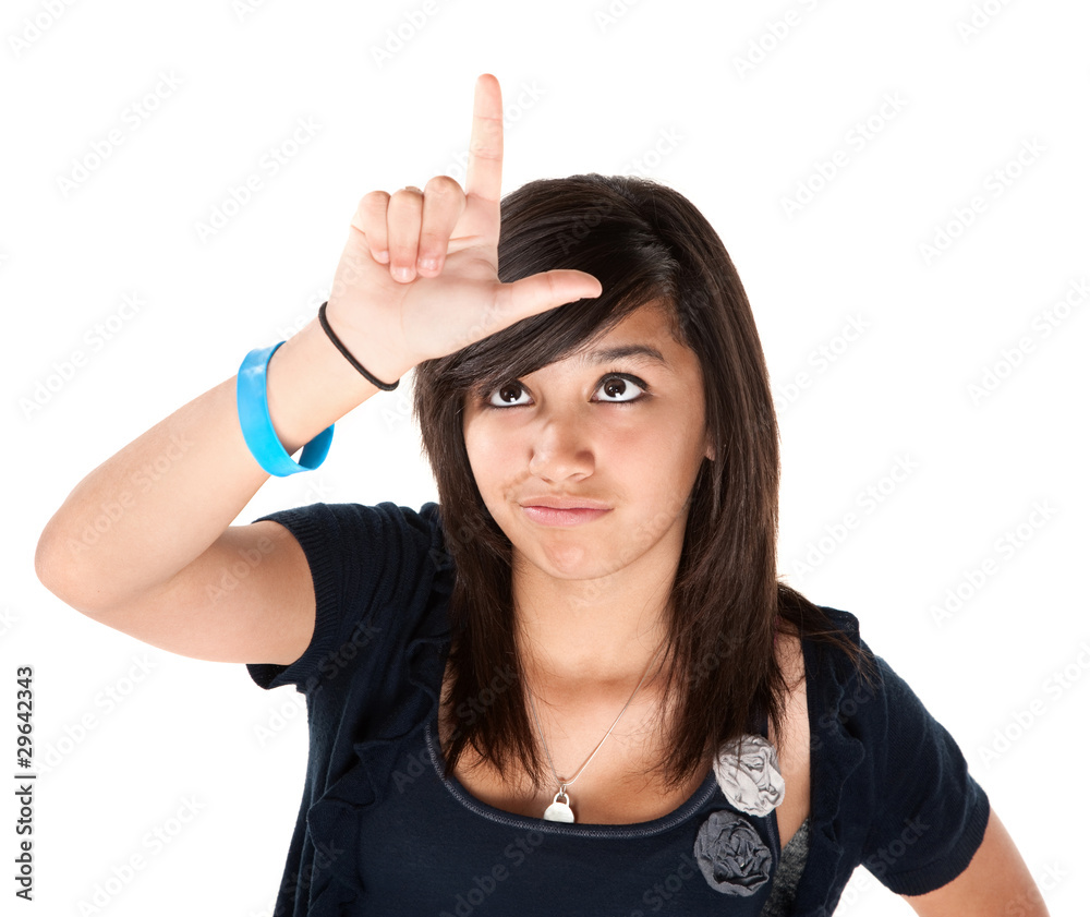 Girl Making the Loser Sign on her Forehead Stock Photo | Adobe Stock