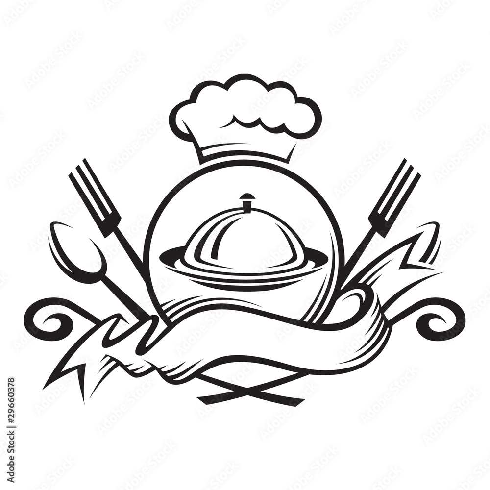 chef hat with spoon, fork and dish vector de Stock | Adobe Stock