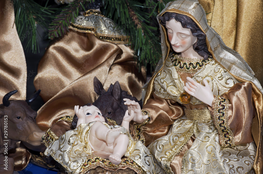 Christmas nativity with mother Mary near the infant Jesus Stock Photo ...