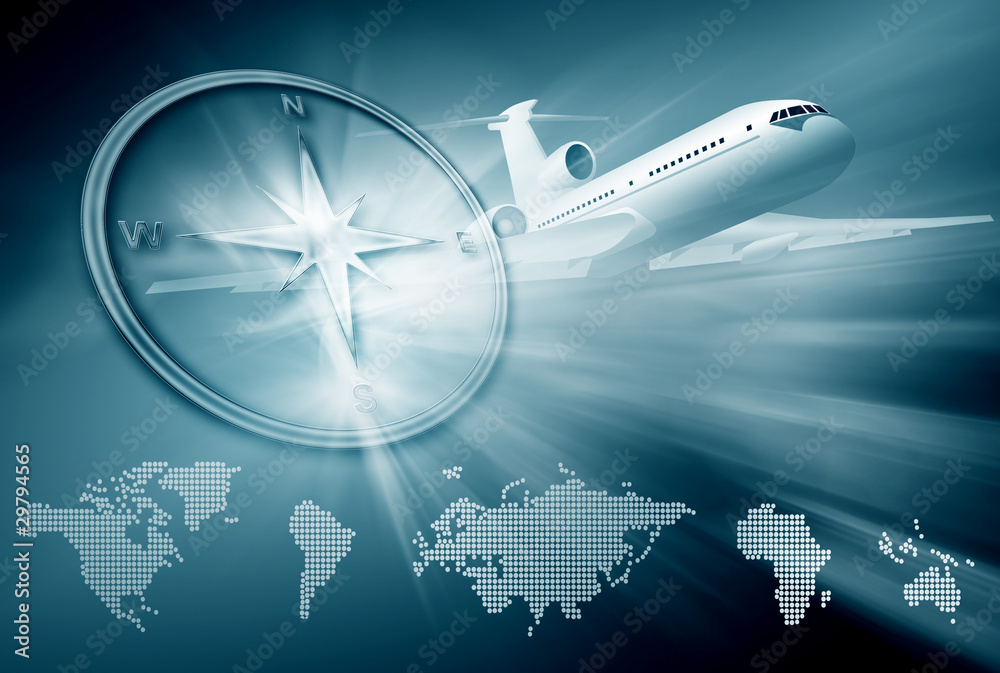 airplane, compass, continent maps on blue background Stock Photo ...