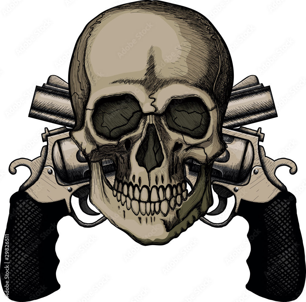 Skull and two crossed revolvers on white background Stock Vector ...