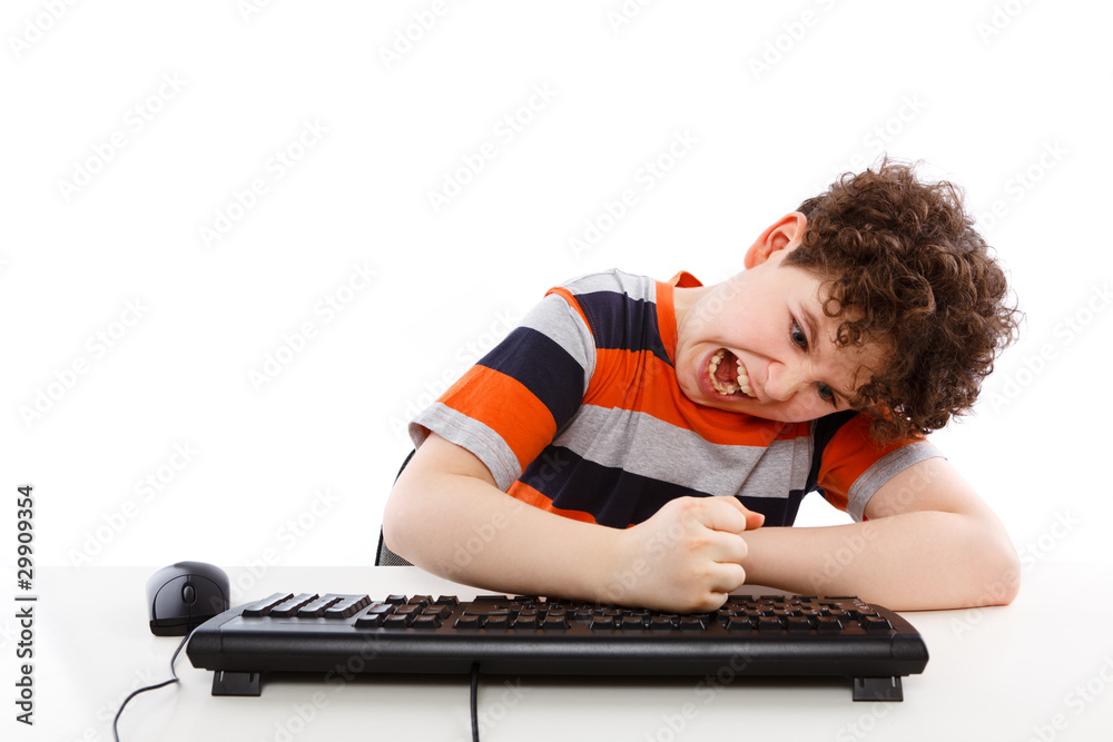 Boy using computer isolated on white background Stock Photo | Adobe Stock