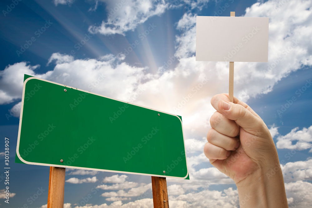 Blank Green Road Sign and Man Holding Poster on Stick Stock Photo ...