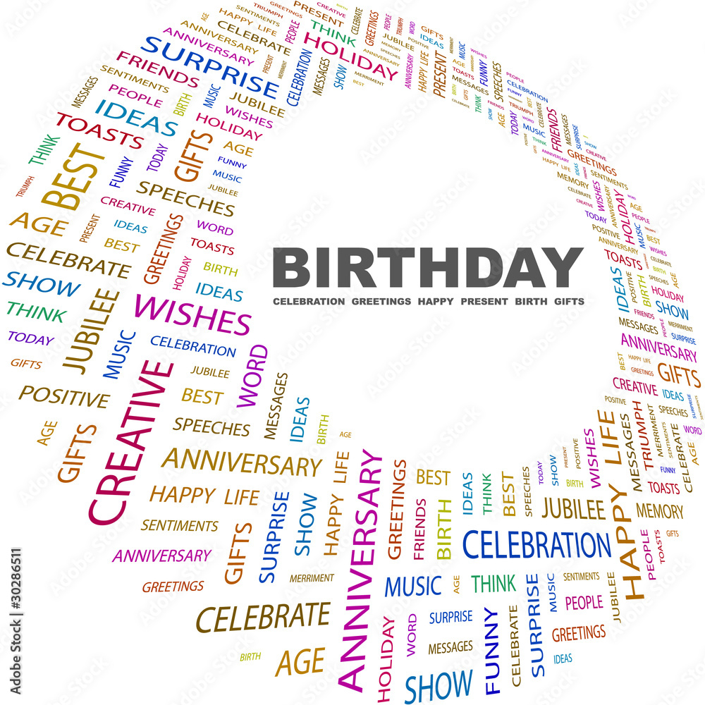 BIRTHDAY. Word collage on white background. Stock Vector | Adobe Stock