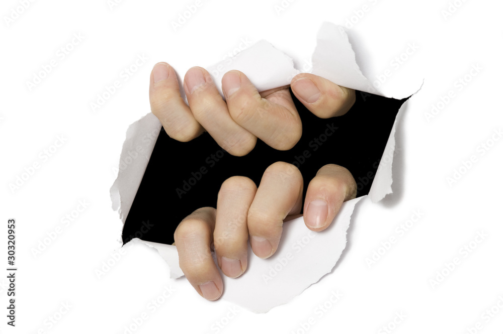 Hands tearing through white paper. Break out! Stock Photo | Adobe Stock