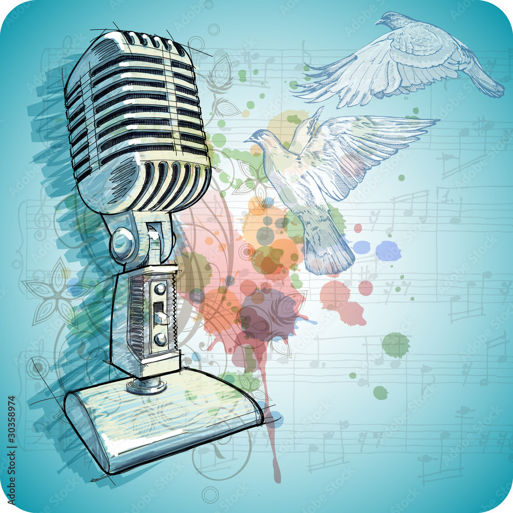 Poster Microphone sketch, music sheets & flying doves on the color pain ...