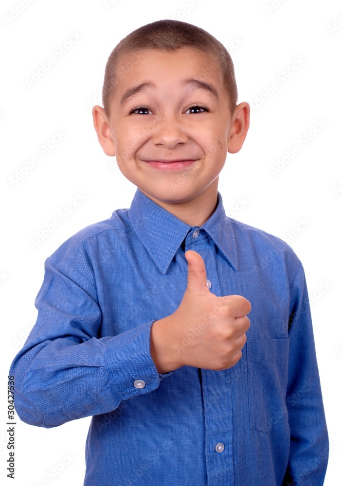 happy smiling boy giving thumbs up gesture, isolated Stock Photo ...