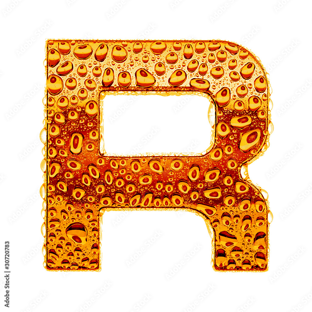 Orange gold alphabet symbol - letter R. Water splashes and drops Stock ...