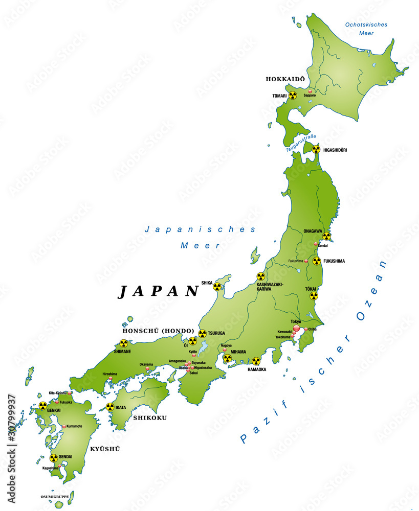 Japan Umrisskarte gürn mit Städten und AKW Stock-Vektorgrafik | Adobe Stock