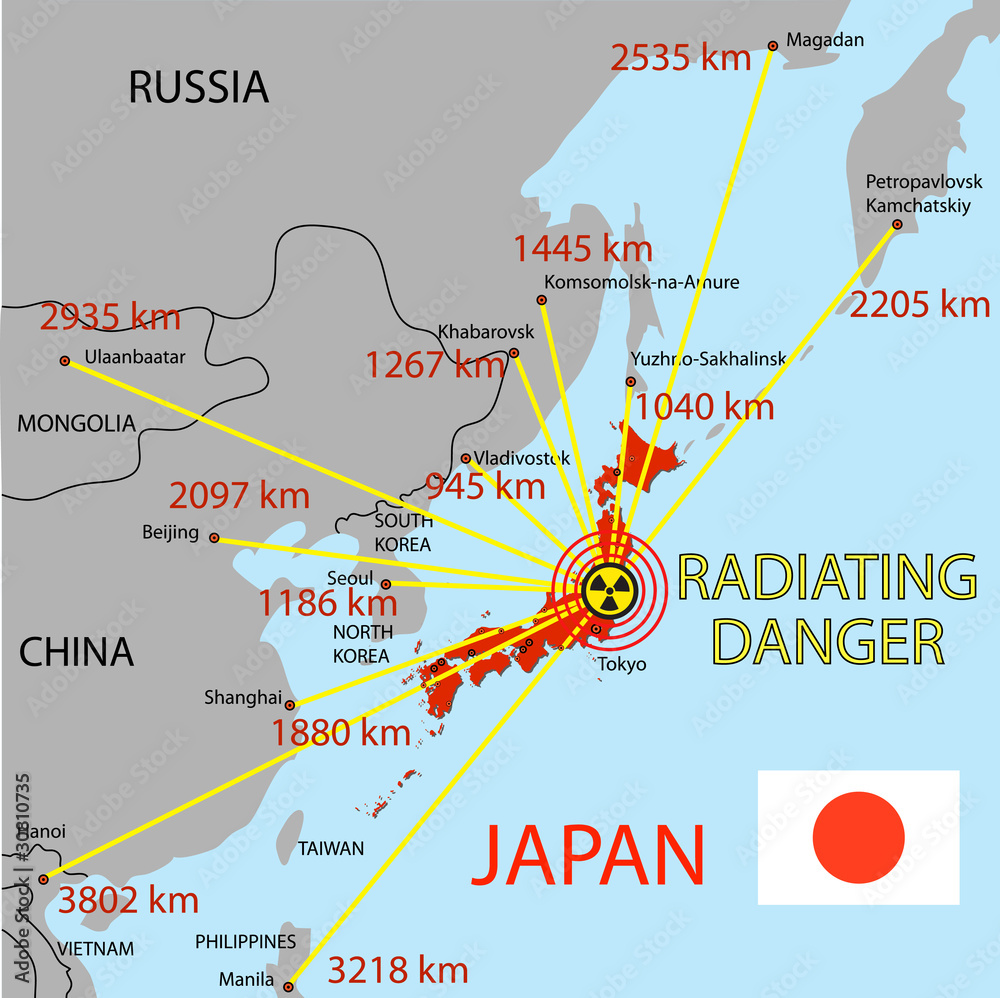 Japan map with danger on an atomic power station Stock Vector | Adobe Stock