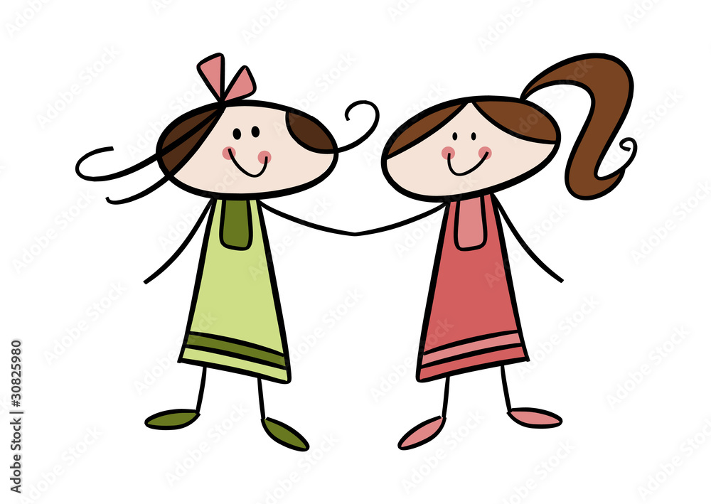 Bunte Zeichnung: Zwei Fröhliche Mädchen - Stock - GamesAgeddon