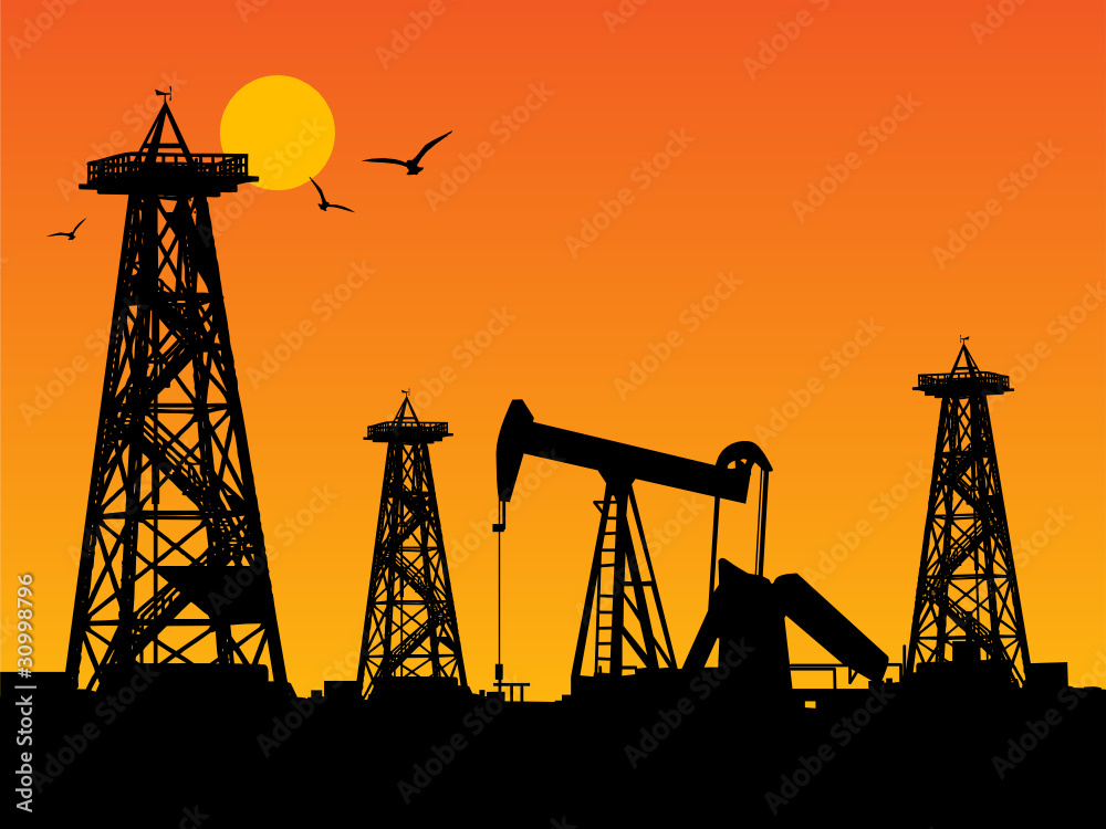 Oil rig silhouettes and orange sky, vector illustration Stock Vector ...