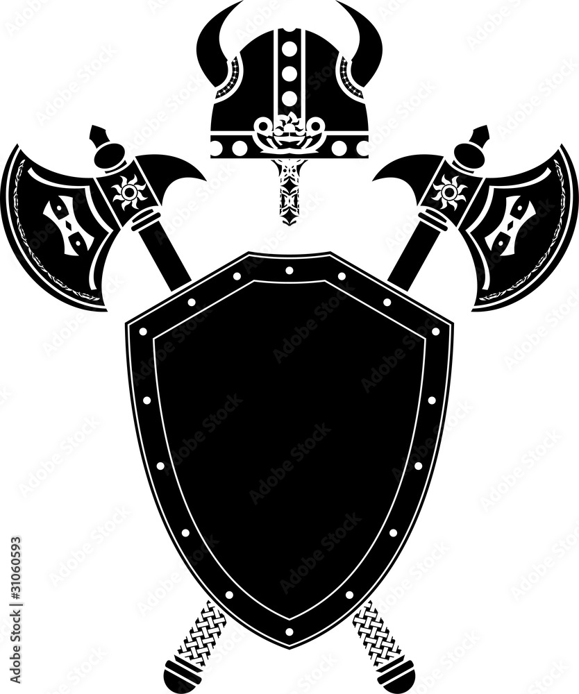 shield, axes and viking helmet. stencil Stock Vector | Adobe Stock