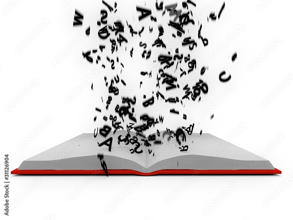 Buch mit fliegenden Buchstaben Stock-Illustration | Adobe Stock