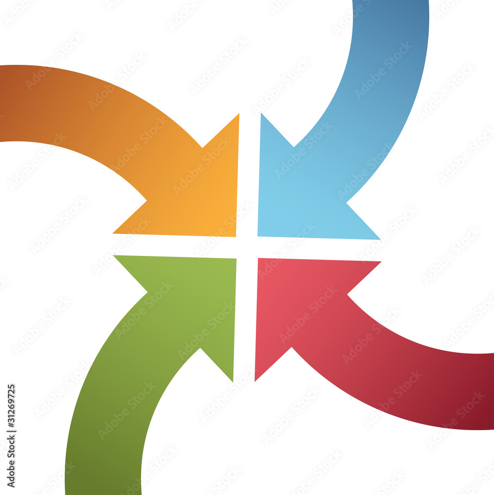 Four curve color arrows converge point center Stock Vector | Adobe Stock