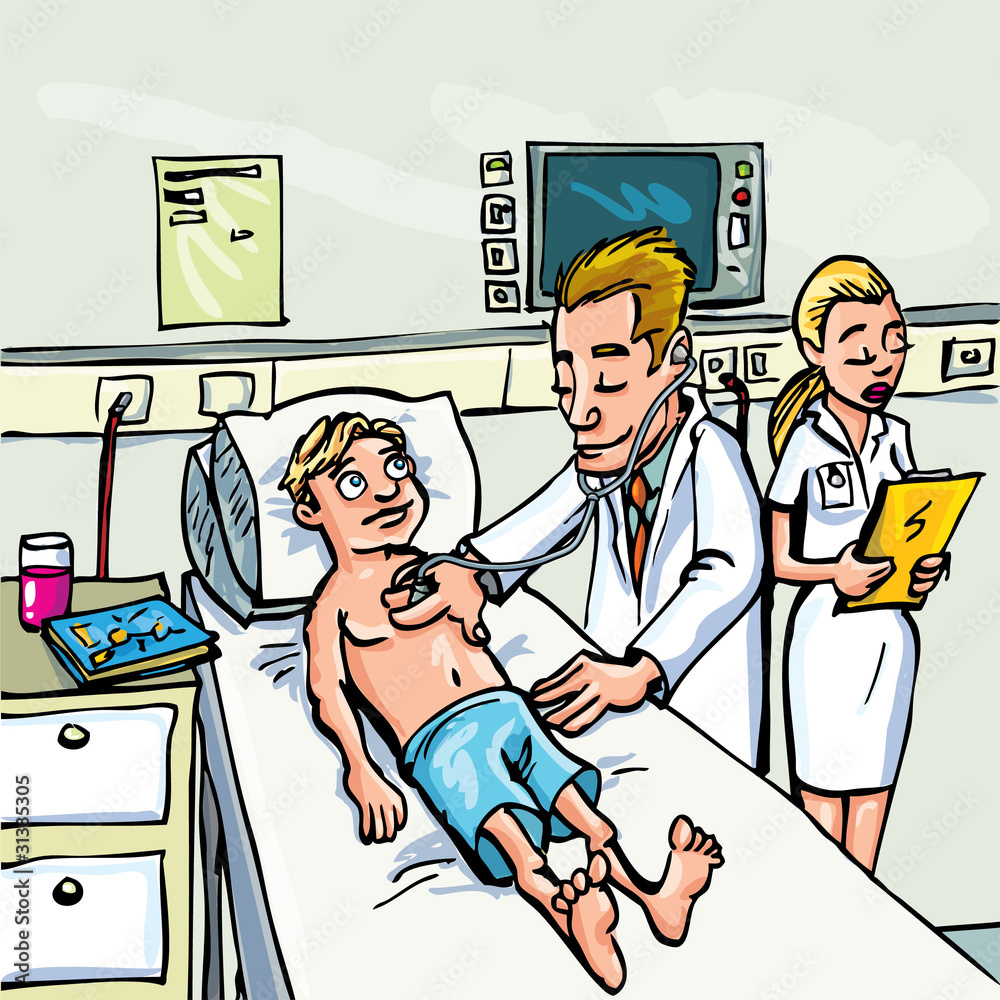 Cartoon doctor attending a young patient Stock Vector | Adobe Stock