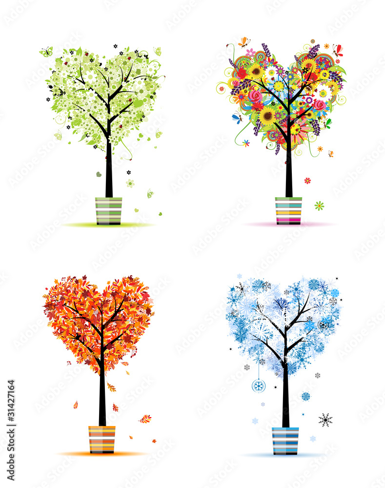 Four seasons - spring, summer, autumn, winter. Art trees in pots Stock ...