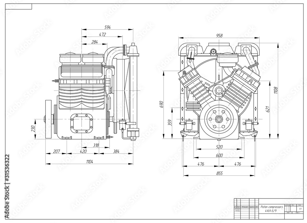 Drawing a piston compressor. Vector illustration Stock Illustration ...