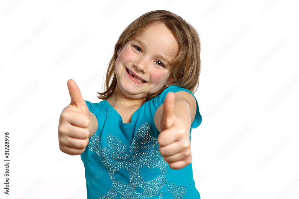 mädchen zeigt beide daumen hoch Stock Photo | Adobe Stock