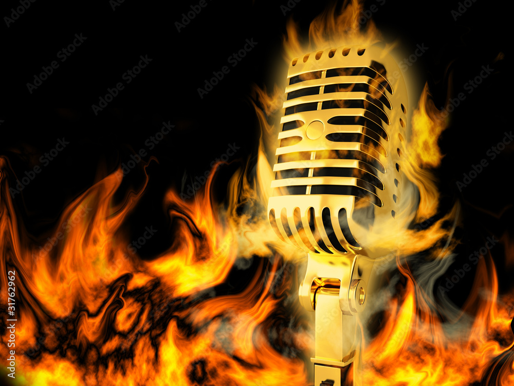 Gold vintage microphone on fire Stock Illustration | Adobe Stock