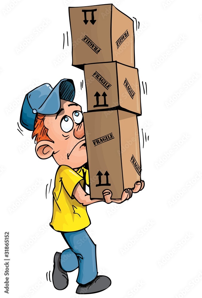 Cartoon delivery man carrying a stack of boxes Stock Vector | Adobe Stock