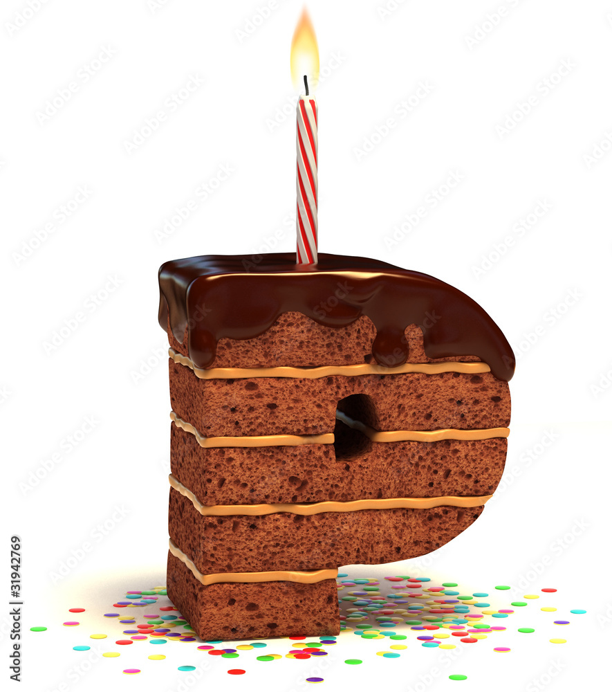 letter P shaped chocolate birthday cake with lit candle Stock ...