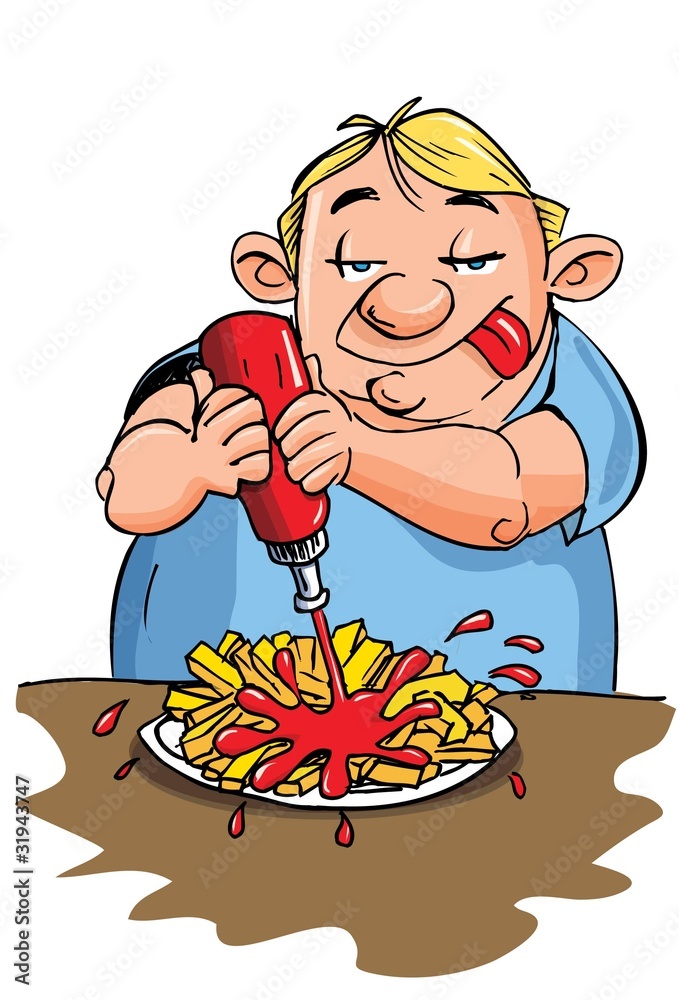 Cartoon of overweight man eating fries Stock Vector | Adobe Stock
