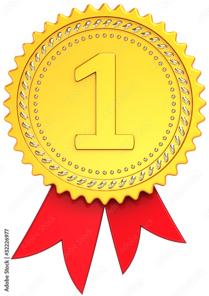 Award ribbon First place golden front view. Winner medal badge Stock ...