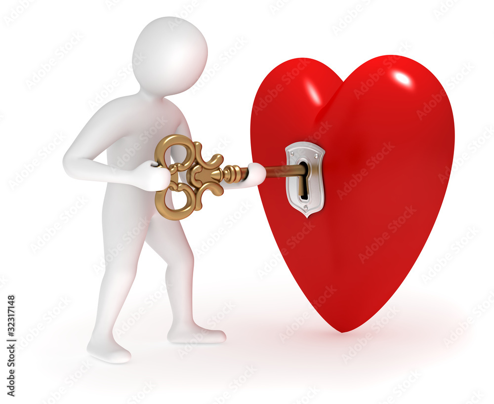 3d man opening heart with gold key Stock Illustration | Adobe Stock