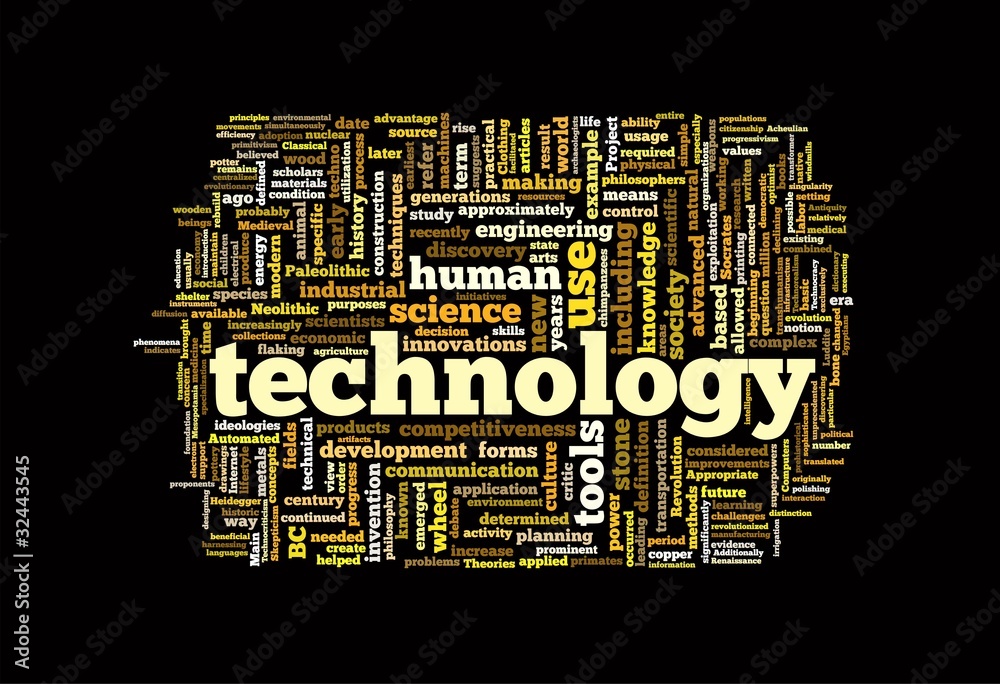 Technology word collage isolated on black background Stock Illustration ...