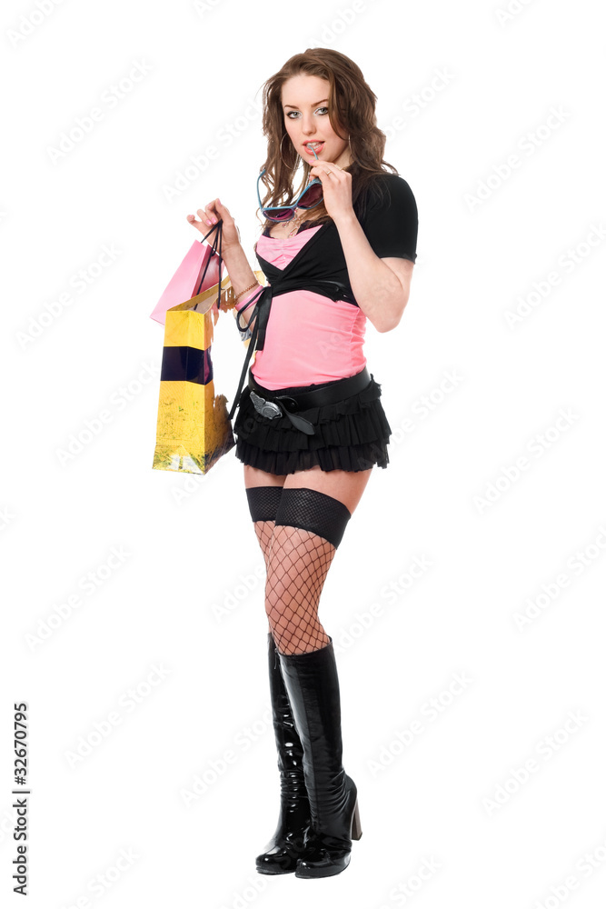 Sexy beautiful young woman after shopping. Isolated Stock Photo | Adobe ...