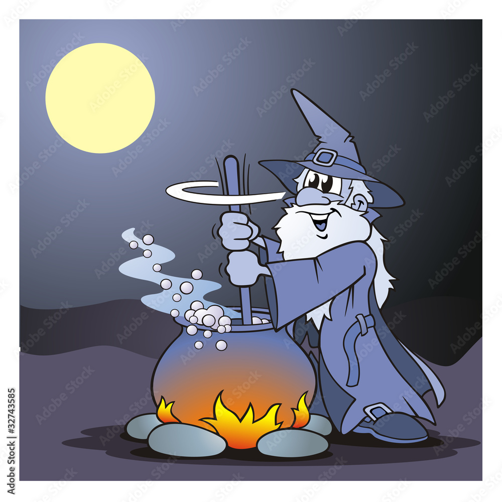 Wizard with Cauldron by Night Stock-Illustration | Adobe Stock