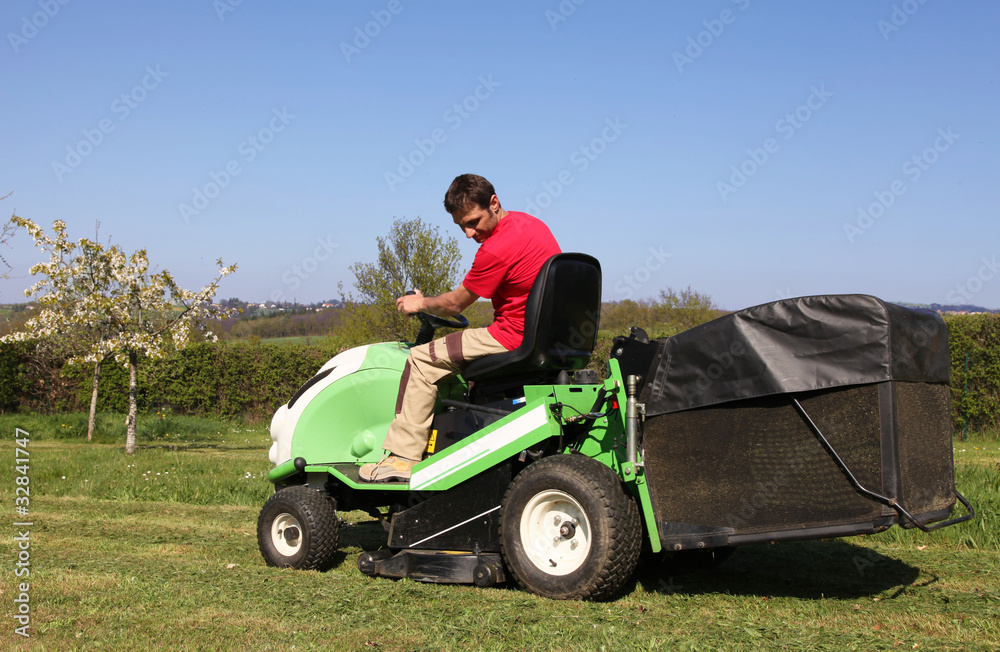 pépiniériste tond la pelouse avec une tondeuse autoportée Stock Photo ...