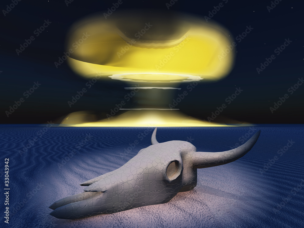 cow skull and nuclear explosion in desert Stock Illustration | Adobe Stock