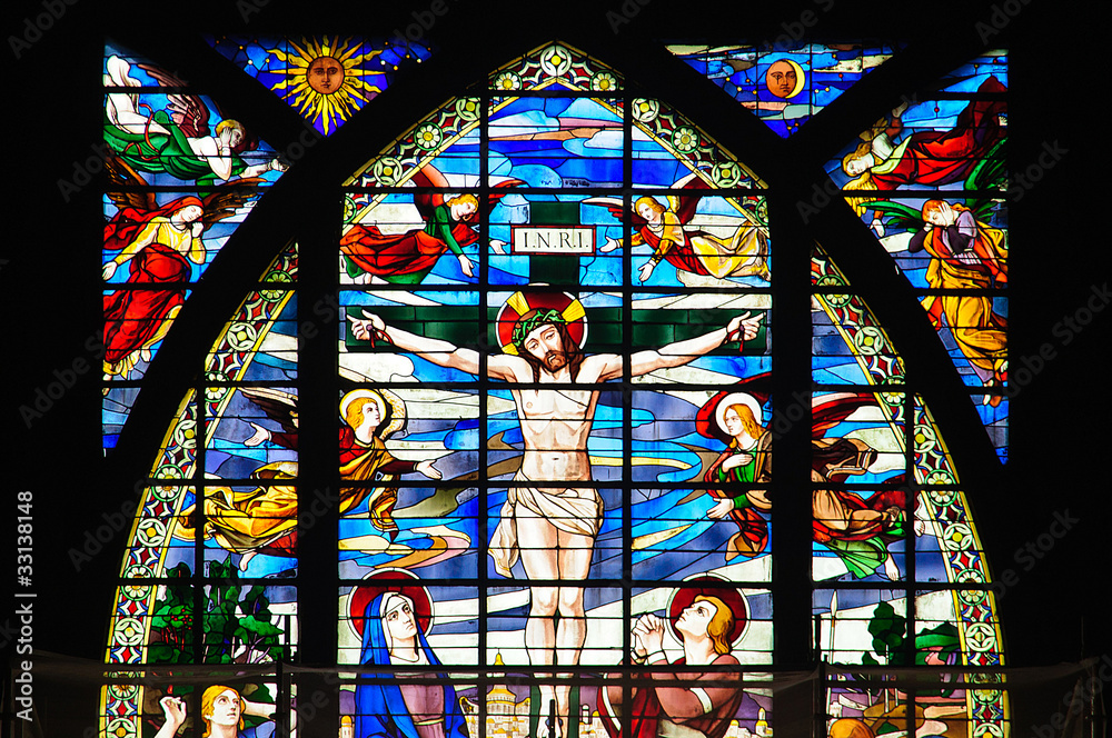 Colorful Stained Glass window showing Jesus Christ Stock Photo | Adobe ...