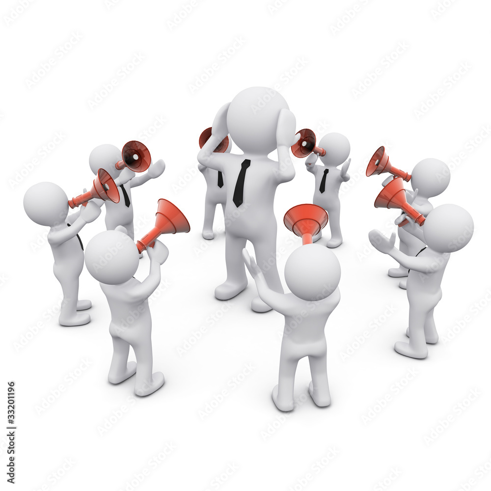 3D man surrounded by crowd with megaphones Stock Illustration | Adobe Stock