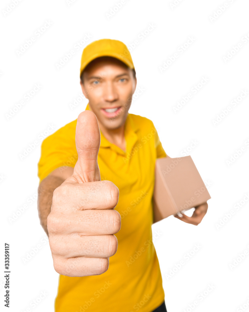 Postbote mit einem Paket Stock-Foto | Adobe Stock