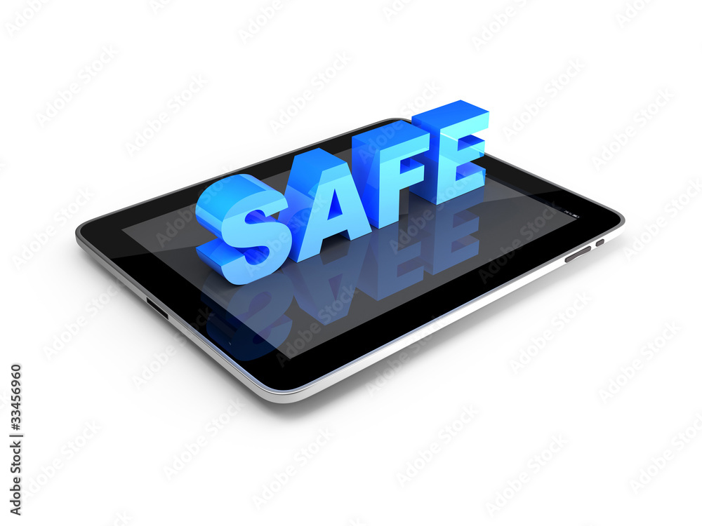 Safety concept. Tablet PC with 3d text SAFE isolated Stock Illustration ...