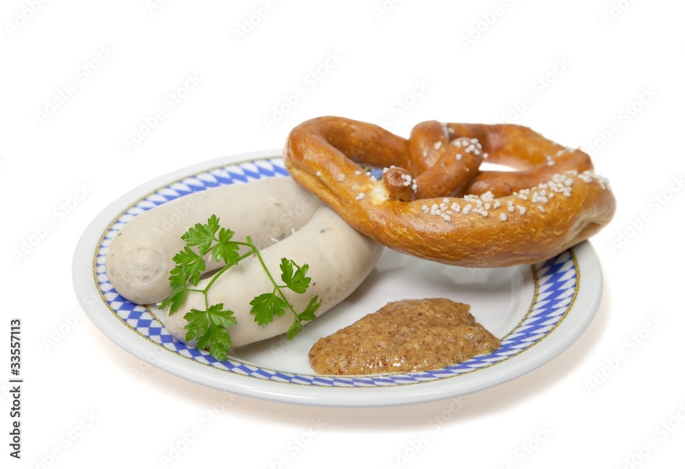 Weißwurst mit Breze und Senf Stock-Foto | Adobe Stock