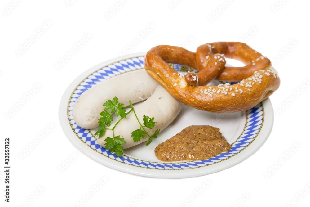 Weißwurst mit Breze und Senf Stock-Foto | Adobe Stock