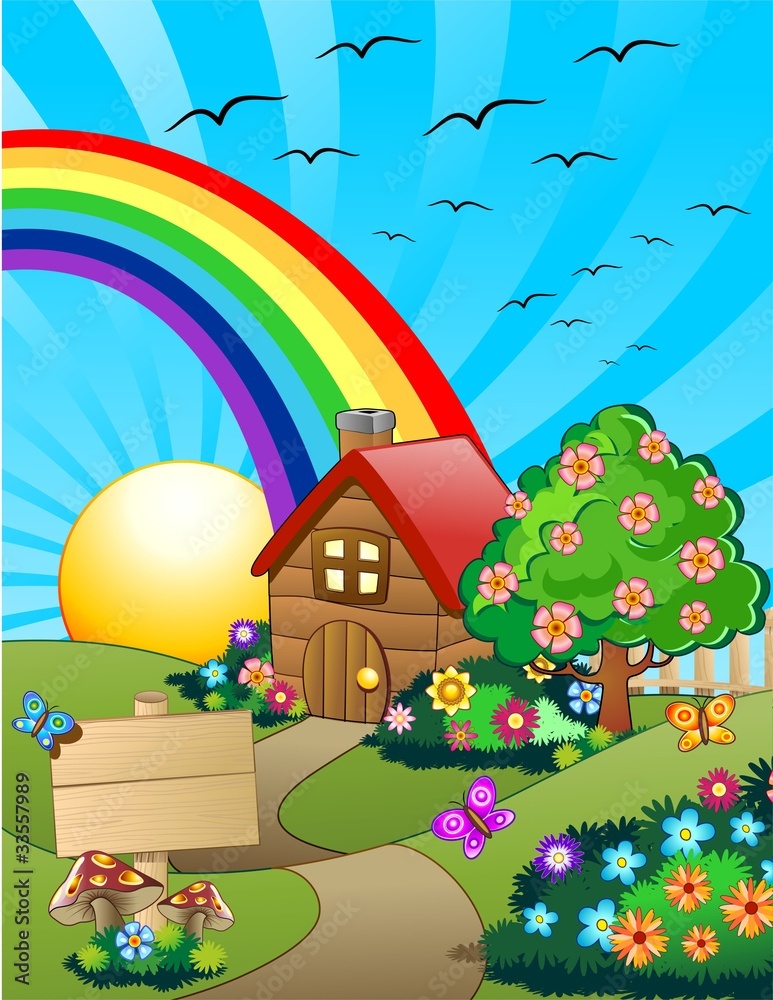 Vettoriale Stock Casa su Colline Verdi Cartoon-Little Home on Green ...