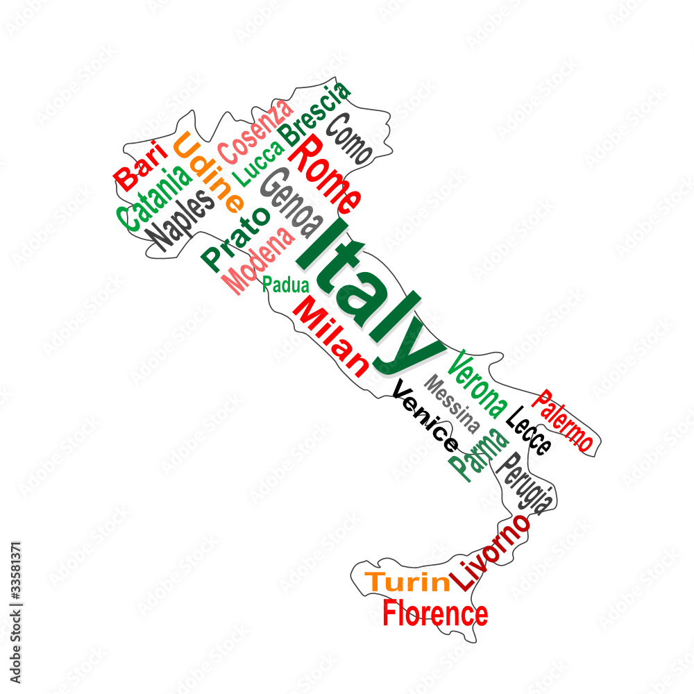 Italy map and words cloud with larger cities Stock Vector | Adobe Stock