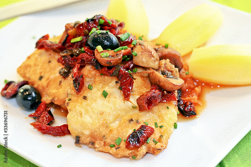 Backfisch im Bierteig mit Beilage Stock Photo | Adobe Stock